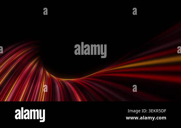 Abstract red and orange neon light trails flowing into curved tunnel ...