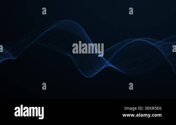 Blue luminous wave lines floating dark background. Abstract digital ...