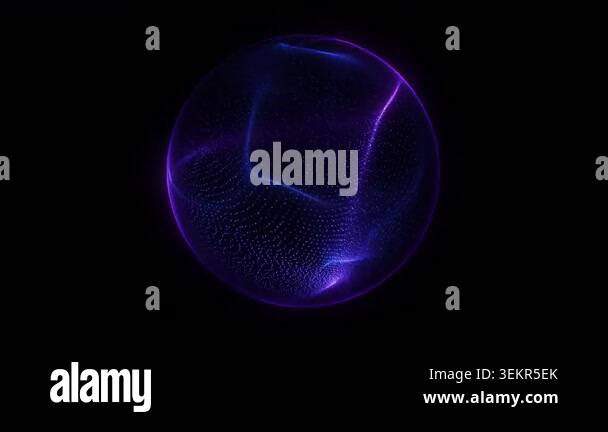 3D neon sphere made of flowing digital particles on black background ...