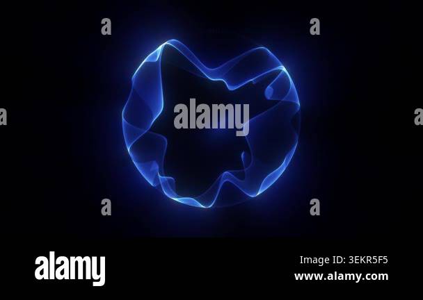 Abstract blue wave shell forming hollow glowing sphere on black ...