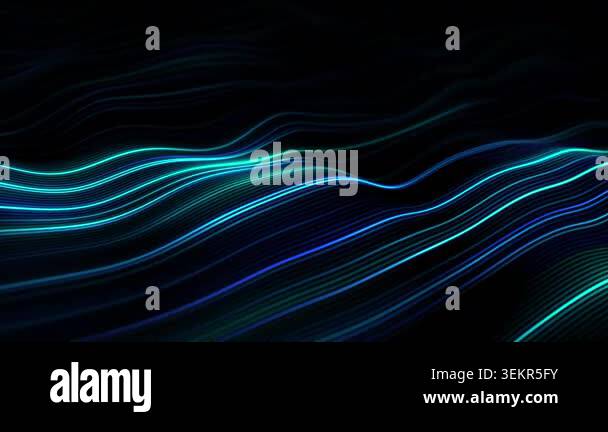 Abstract flowing blue light waves on black background. Glowing neon ...