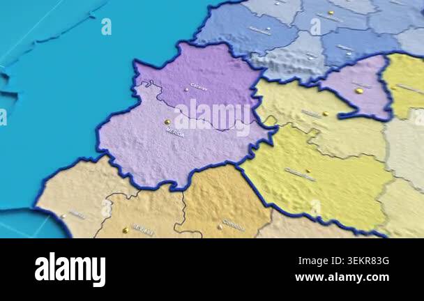 3D animation of a map of Spain zooming into the Extremadura region ...