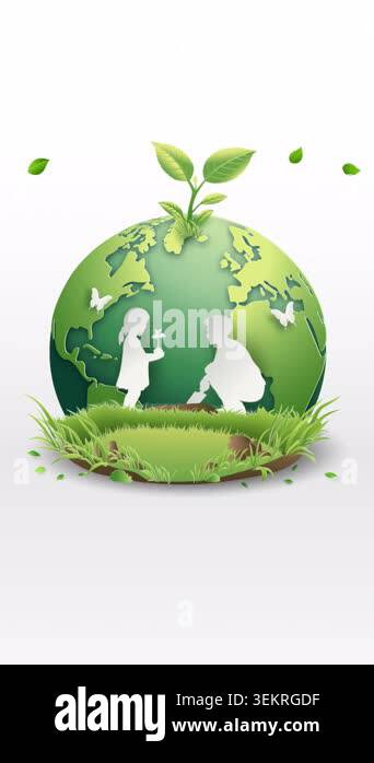 Animation of a green earth globe with leaves, grass, and eco nature ...