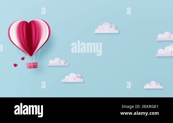 Animation of a heart shaped hot air balloon with clouds and floating ...