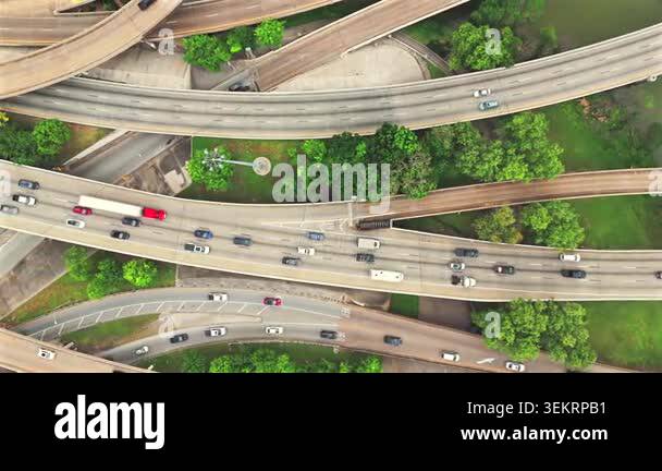 Vertical aerial view of Houston Texas freeway interchange with traffic ...