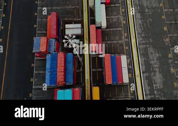 Aerial drone view of Seattle container terminal with stacked shipping ...