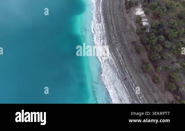view from a drone of a lake in the mountains, turquoise water. High ...