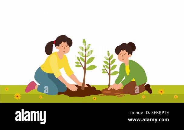 Two young girls planting small green trees into ground Stock Video ...