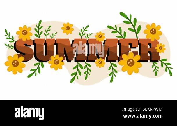 Wooden summer typography text decorated with sunflowers green leaves ...