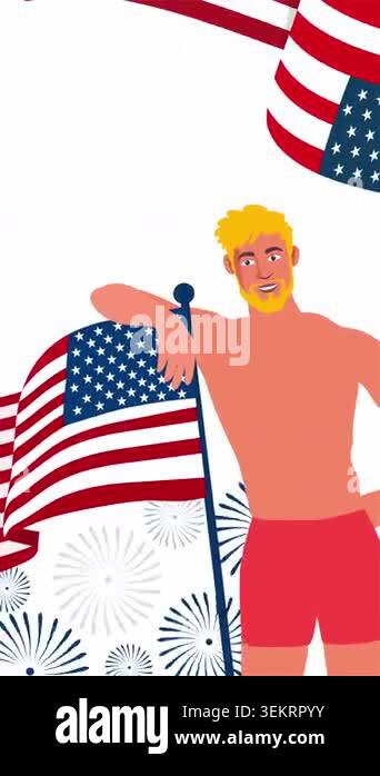 blonde athletic man leaning on big american flag pole Stock Video ...
