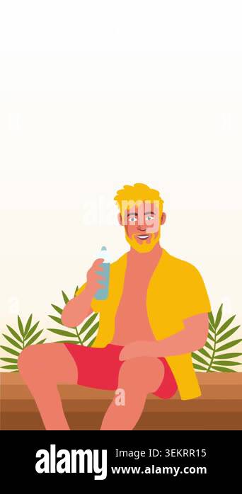 summer animation showing thirsty man drinking water on bench Stock ...