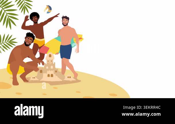 Group of male friends building sandcastle on tropical beach Stock Video ...