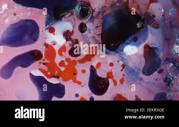 Splashing red and blue ink droplets interacting in a clear fluid. Top ...
