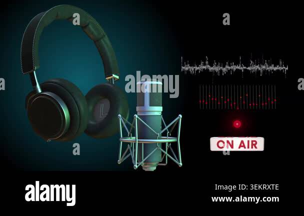 3 d rendering. headphones with a microphone, sound waves, sound. audio ...