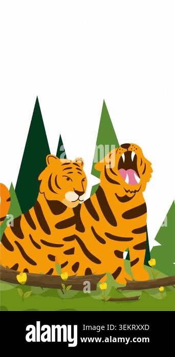 two cute cartoon tigers sitting together in green forest Stock Video ...