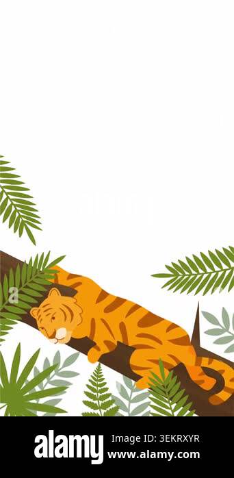 lazy cartoon tiger sleeping peacefully on thick tree branch Stock Video ...