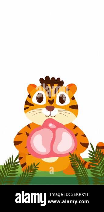 cute cartoon tiger holding and eating big meat chunk Stock Video ...