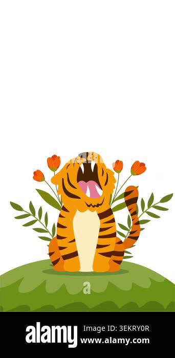 happy cartoon tiger yawning widely on green grassy hill Stock Video ...