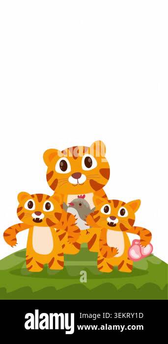 happy tiger family playing together on green outdoor pasture Stock ...
