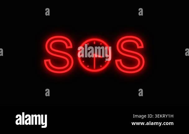 A glowing red neon SOS distress signal on a black background. The ...