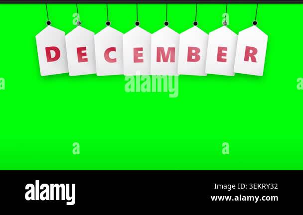 The word December spelled out on swinging white tags. This animated ...