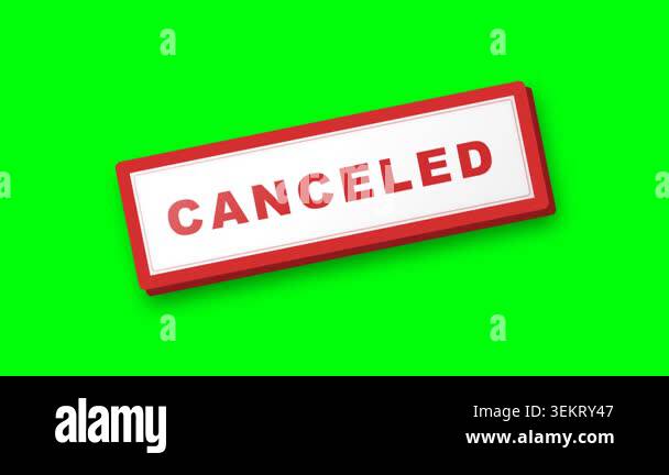 A vibrant red and white 'CANCELED' stamp animates onto a bright green ...