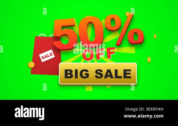 A vibrant 3D animation showcasing a '50% Off Big Sale' promotion ...