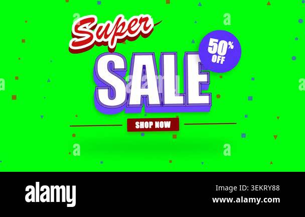 Animated Super Sale 50 Percent Off text with a Shop Now button on a ...