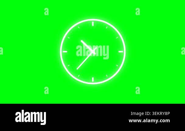 A glowing neon clock with a white outline and hands moves rapidly ...
