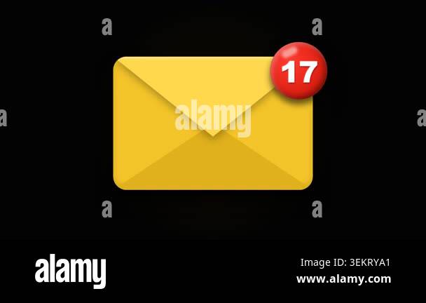 Animation of a yellow email envelope icon on a black background. A red ...