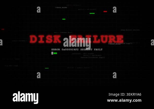A digital screen displays a 'DISK FAILURE' warning in red text with a ...