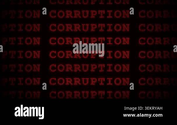 A glitching text animation of the word "CORRUPTION" repeating across a ...