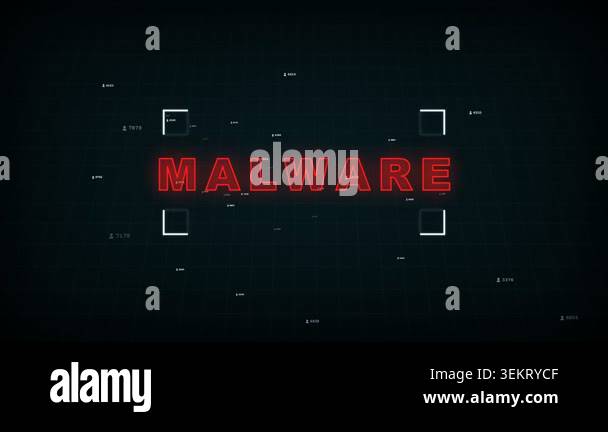 Animation of the word Malware in red glitching text on a dark digital ...