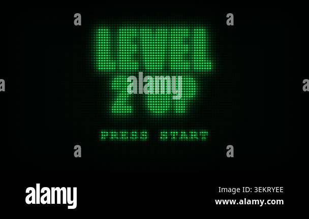 An animation of a vintage pixelated video game screen. The green text ...