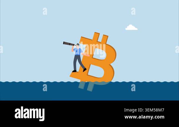 Bitcoin price down, 4k animation of investor stands with telescope ...