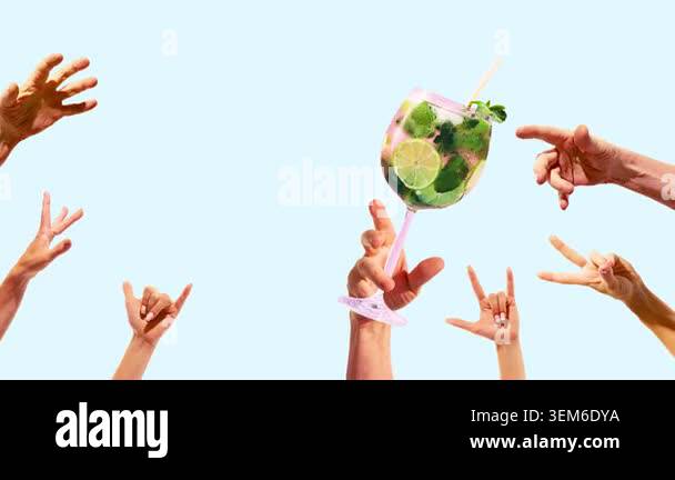 Giant mojito cocktail held by hands with gesture crowd in clean ...