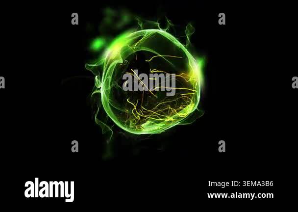 An abstract glowing sphere with flowing bright particles and ...