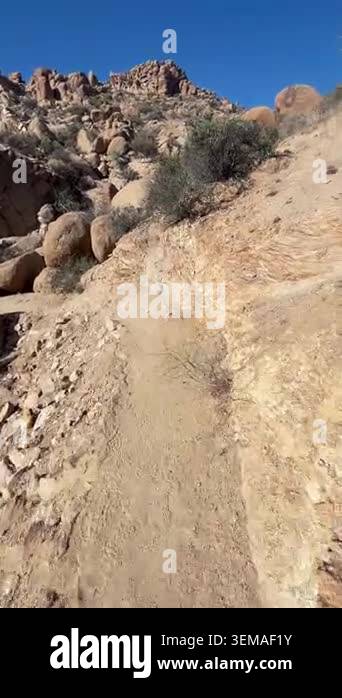 POV hiking footage on Lost Palms Oasis Trail with rocky desert ...