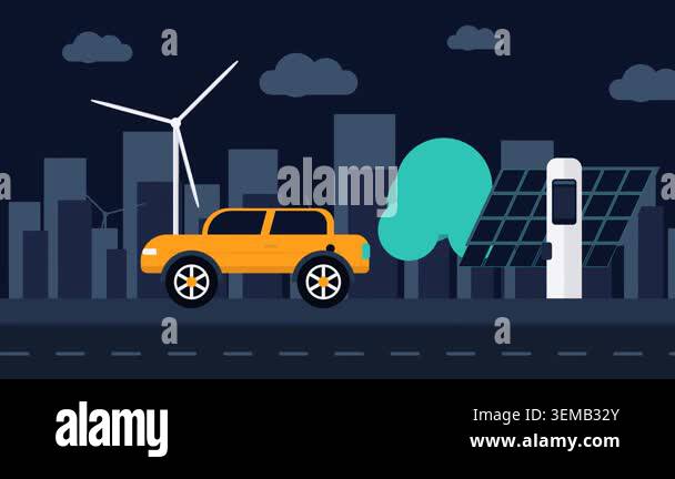 Yellow Electric Car Charging at Sustainable Station with Wind Turbines ...