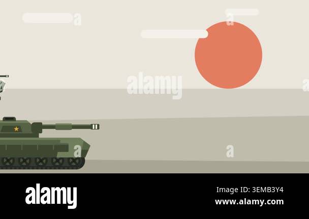 2D animated green military tanks driving through desert under sunset ...