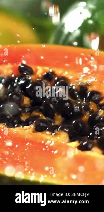 Fresh tropical papaya with drops and splashes of water. Filmed on a ...