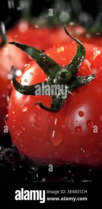 Water droplets fall on the tomatoes. Filmed on a high-speed camera at ...