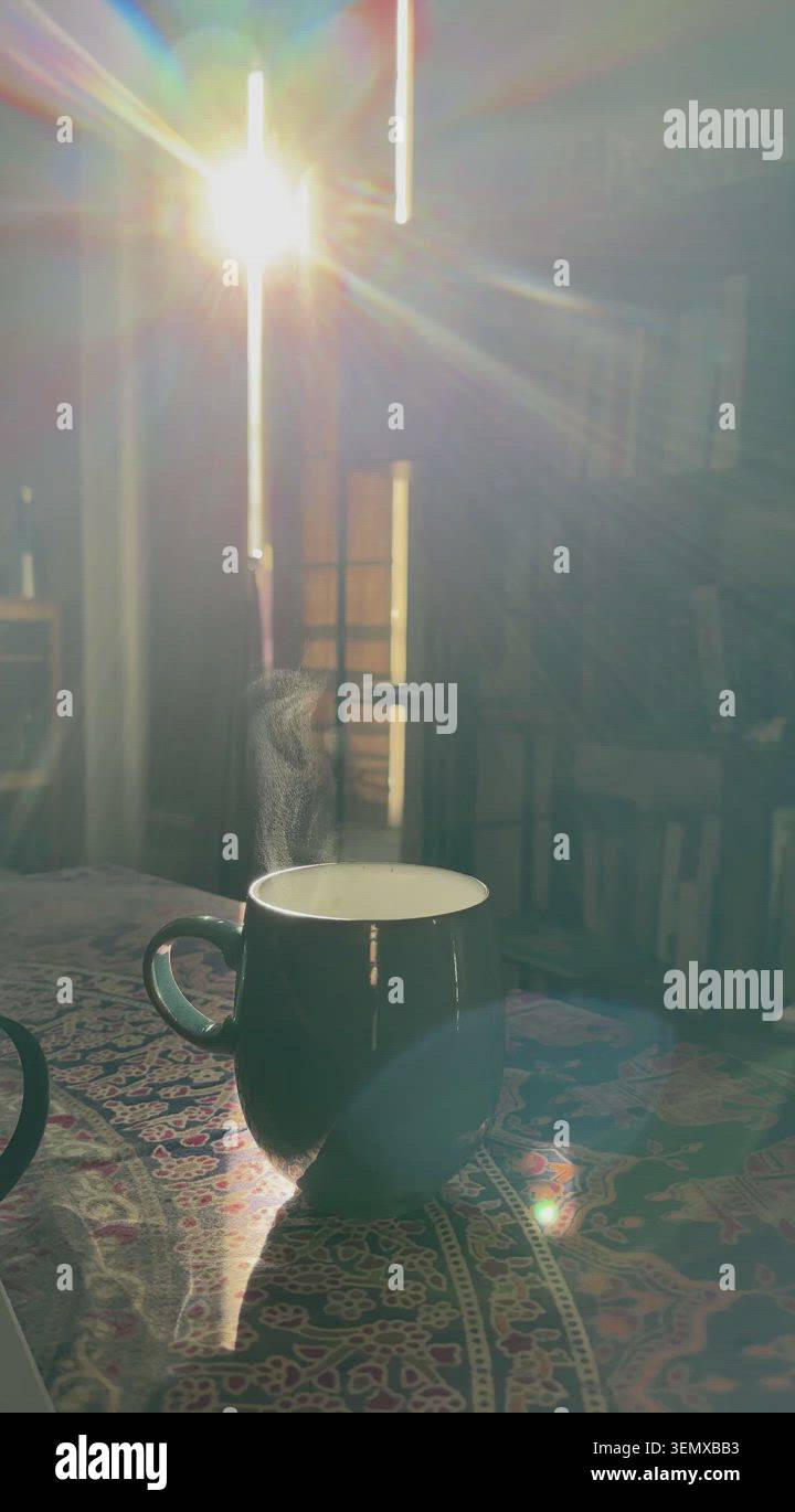Morning coffee with sunlight coming through the window Stock Video ...