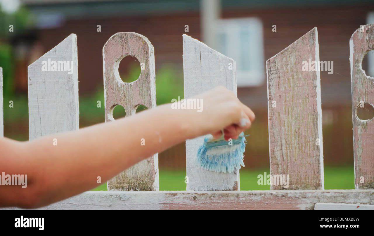 Close-up of hand applying white paint to weathered wooden fence Stock ...