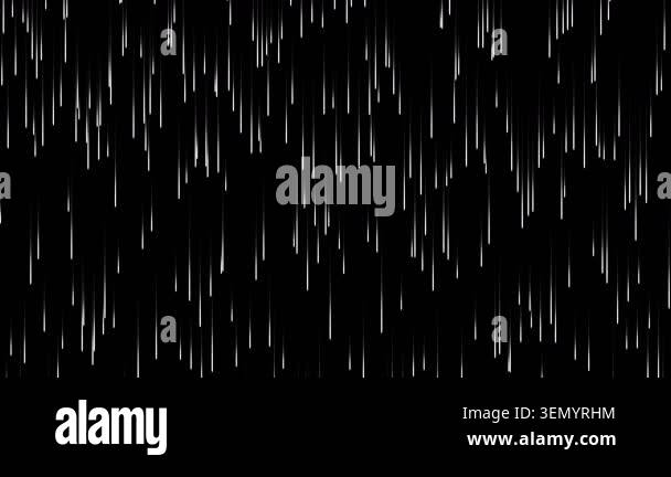 A seamless loop of heavy rain falling against a dark, black background ...