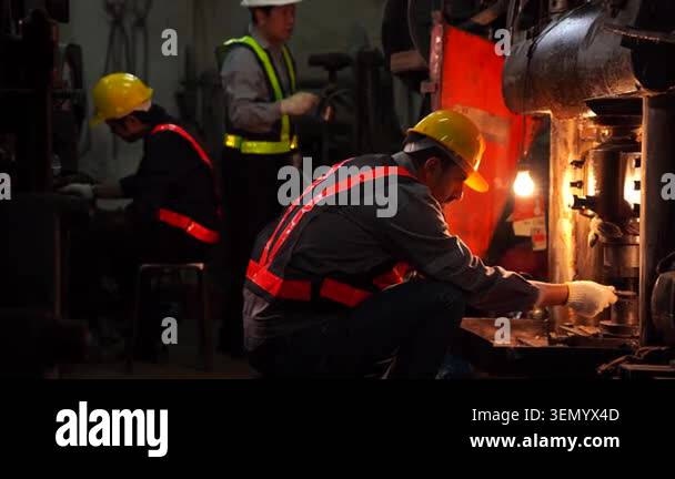 Professional industrial workers wearing safety helmets and reflective ...