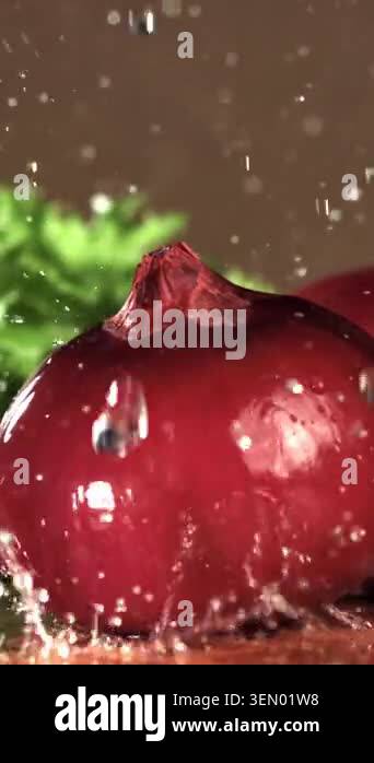 Drops of water fall on fresh onions. Filmed on a high-speed camera at ...
