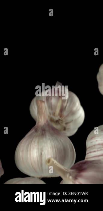 Garlic fly up and fall down on a black background. Filmed on a high ...
