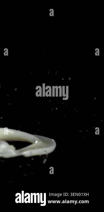 Squid rings fall on a wet table. Filmed on a high-speed camera at 1000 ...