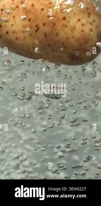The potatoes fall under the water into a saucepan. Filmed on a high ...